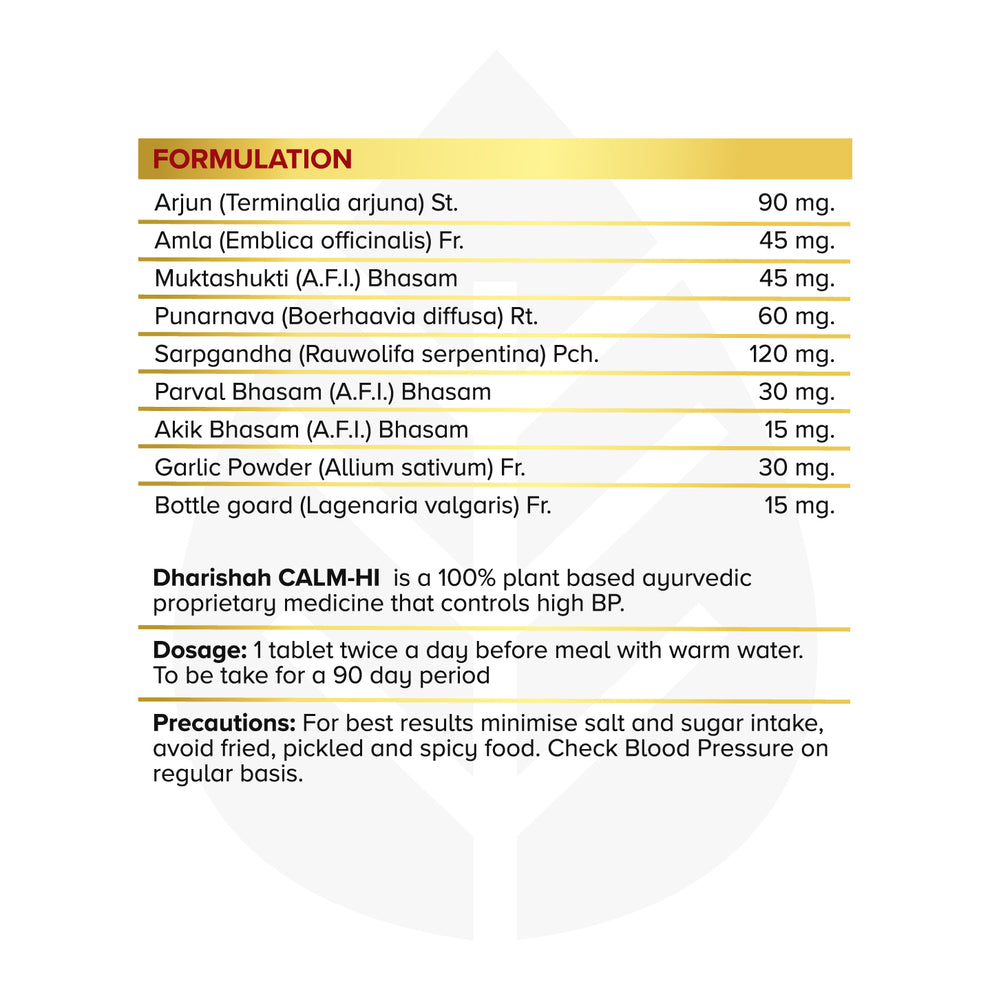 Buy Calm Hi Tablets – Ayurvedic High BP Care | Dharishah Ayurveda